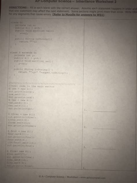 A Computer Science Inheritance Worksheet 2 Answers