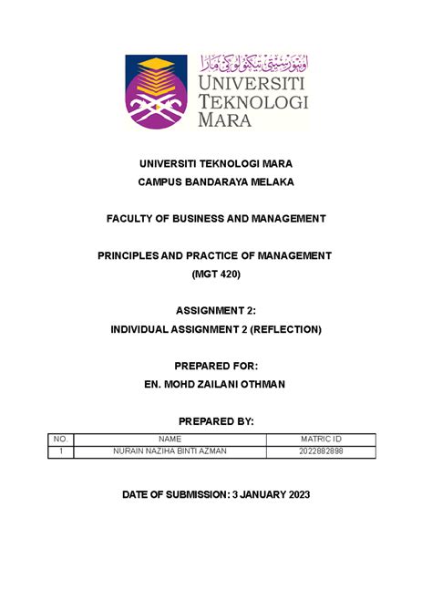 Mgt420 Refelction Essay Universiti Teknologi Mara Campus Bandaraya