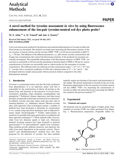 Pdf A Novel Method For Tyrosine Assessment In Vitro By Using
