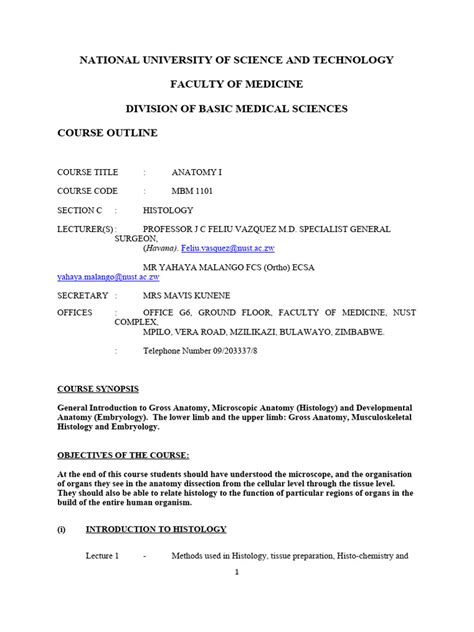 Anatomy I Histology Course Outline Pdf