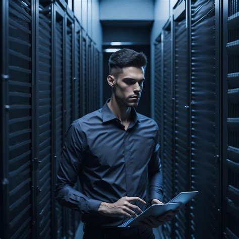 Premium Ai Image A Man In A Server Room With A Tablet In His Hand