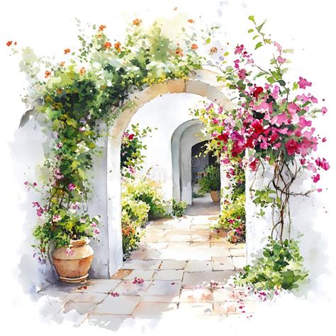 Watercolor Painting Of A Flowery Archway Pathway Stock Illustration