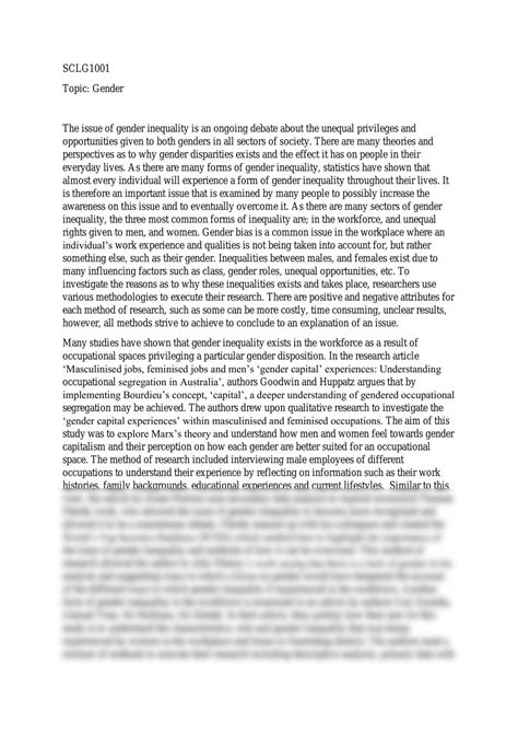 Analytical Essay On Gender Sclg1002 Introduction To Sociology 2