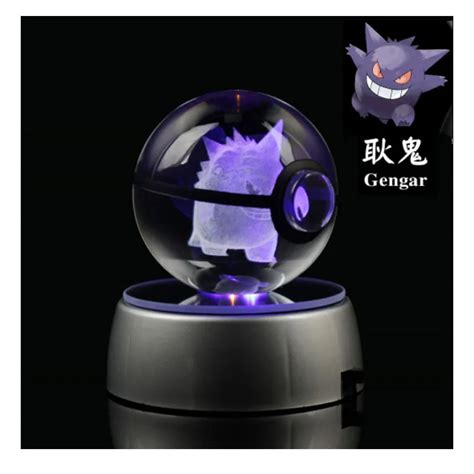 애니메이션 포켓몬 Gengar 3d 크리스탈 볼 포켓볼 조각 크리스탈 애니메이션 피규어 모델 Led 라이트 베이스 어린이