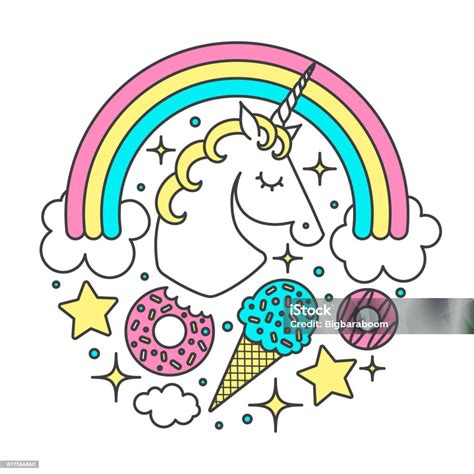 유니콘 무지개 구름 별 아이스크림 도너츠와 벡터 원 구성 만화 스타일 캐릭터 T 셔츠에 대한 스톡 벡터 아트 및 기타 이미지 T 셔츠 구도 귀여운 Istock