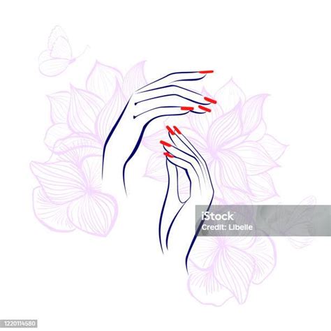아름다운 여자 손 예술 빨간 매니큐어 손톱 스파 살롱 뷰티 로고 벡터 일러스트 레이션 추상 꽃과 나비 배경입니다 매니큐어
