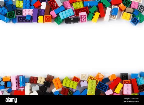 Close Up Of A Cluttered Pile Of Colorful Lego Bricks Viewed From Above