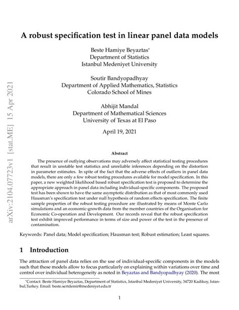 A Robust Specification Test In Linear Panel Data Models Deepai