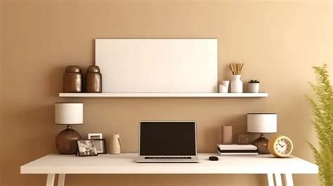 Contemporary Work Environment Laptop White Screen Mockup On Brown Wall Table In 3d Rendering