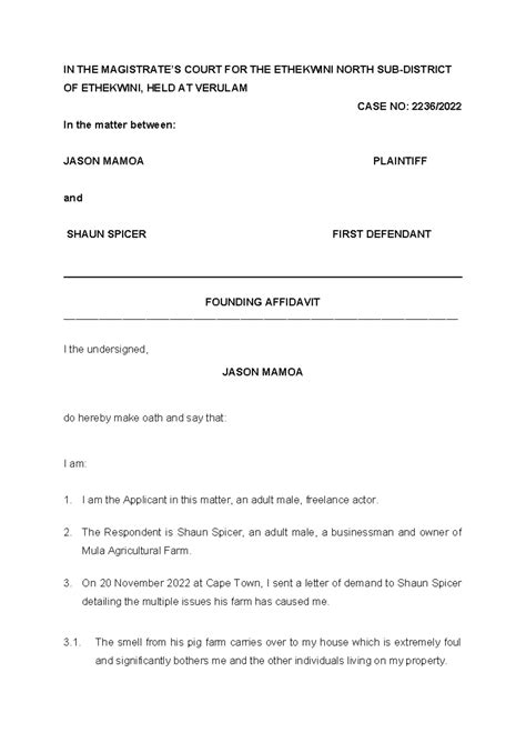 Founding Affidavit In The Magistrates Court For The Ethekwini North Sub District Of Ethekwini