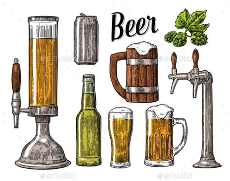 Beer Class Can Bottle Barrel Vintage Vector Beer Illustration