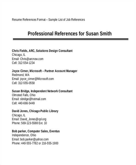 Professional References Template Free