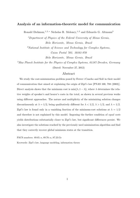 Pdf Analysis Of An Information Theoretic Model For Communication