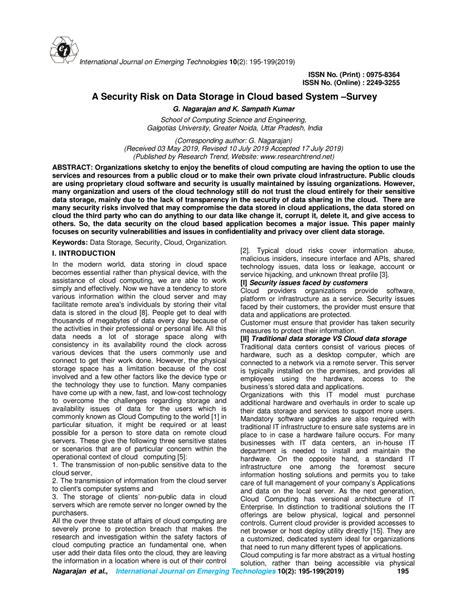 PDF A Security Risk On Data Storage In Cloud Based System Survey