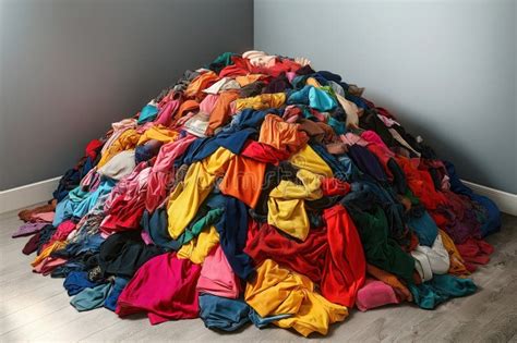 Large Pile Of Colorful Clothes Overflowing From Closet Corner On Wooden