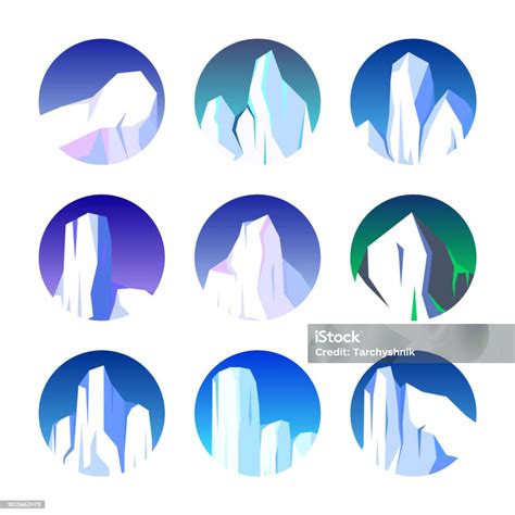 떠 다니는 빙산 컬렉션 북극 빙하를 표류 얼어 붙은 바닷물의 블록 눈이 내리는 얼음 같은 산들 녹는 얼음 피크 남극 눈 덮인 풍경 남극과 북극 벡터 일러스트레이션 겨울에