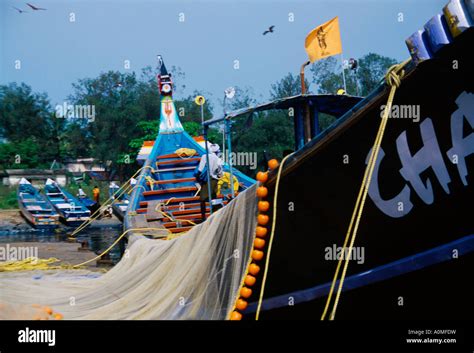 Kollam Quilon Kerala India Fishing Harbour With Fishing Boat With Net