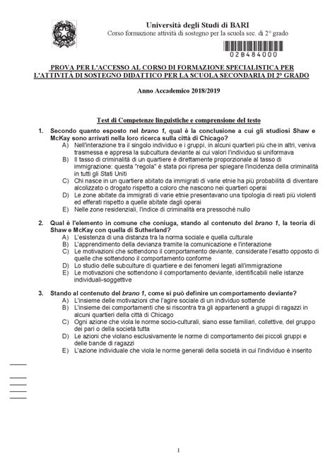 Test Tfa Sostegno Bari 18 19 Secondaria Docsity
