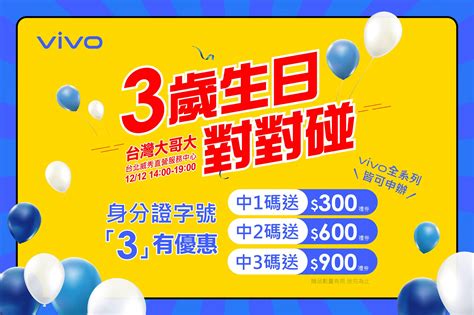 Vivo 1212 來 台灣大哥大 衝動購機吧 你的身份證有幾個 3？ 只要有 3 就送 300 元禮券