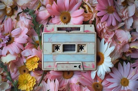 Premium Photo Vintage Cassette Player Surrounded By Colorful Flowers