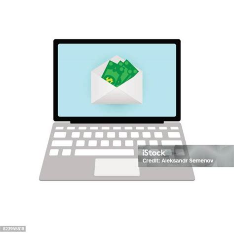 오픈 노트북입니다 노트북 화면 오픈 봉투에 돈에 플랫 스타일입니다 벡터 일러스트 레이 션 흰색 배경에 고립 개체 그룹에 대한