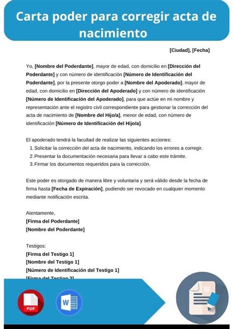 Carta Poder Para Corregir Acta De Nacimiento 【 Word Pdf