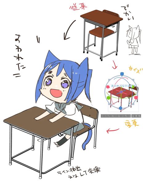 「クリスタの今回のアプデで追加された3d素材のサイズをフリーに変えられるやつ、つまりミニキャラも椅子に座らせ放題ってこと 」環月紙袋 夏コミ