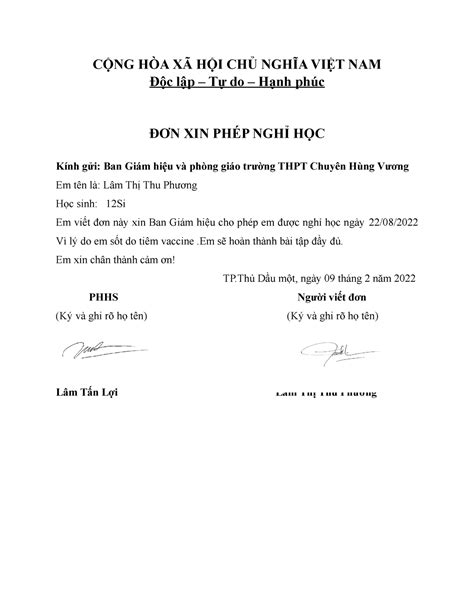 Đơn xin phép nghỉ học Đơn xin phép nghỉ học CỘNG HÒA XÃ HỘI CHỦ NGHĨA VIỆT NAM Độc lập Tự