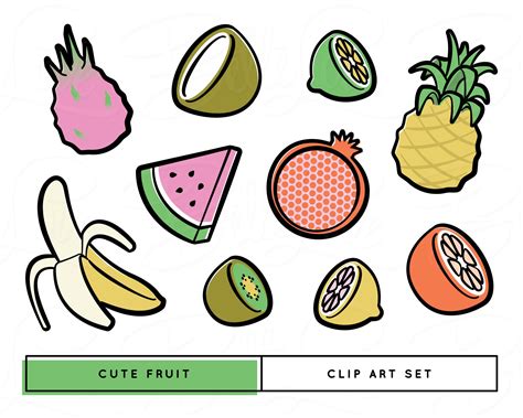 Cute Fruit Clip Art Kawaii Clipart Tropical Fruit Clipart Etsy