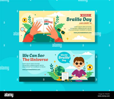 Braille Day Horizontal Banner Flat Cartoon Hand Drawn Templates