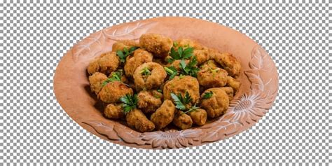 투명한 배경에 격리된 점토에 맛있는 빵가루를 입힌 튀긴 버섯 프리미엄 Psd 파일