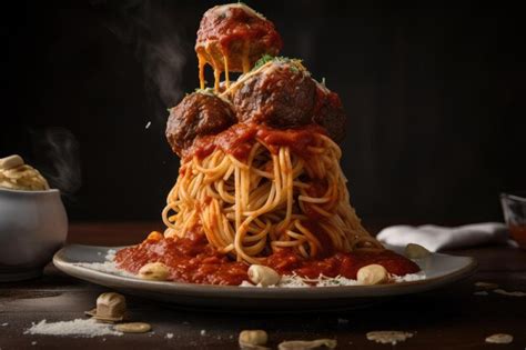 Premium Ai Image Spaghetti And Meatballs Tower Overflowing With