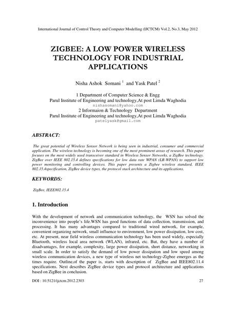 PDF Zigbee A Low Power Wireless Technology For Industrial Applications