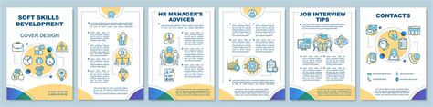 Hr 소프트 스킬 브로셔 템플릿 레이아웃입니다 취업 면접 꿀팁 전단지 소책자 선형 삽화가 있는 전단지 인쇄 디자인 고용 잡지 연례 보고서 포스터용 벡터 페이지