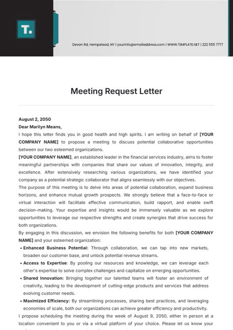 Free Meeting Request Email Letter Template To Edit Online