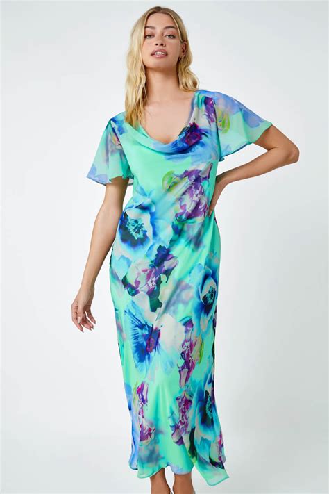 Turquoise Floral Print Cowl Neck Dress Roman UK