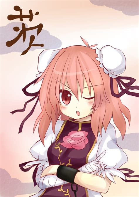 Safebooru Aki Chimaki Blush Bun Cover Crossed Arms Double Bun Flower