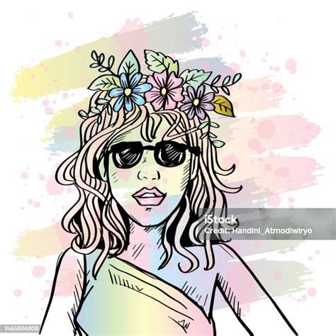 髪に花の花輪を持つ美しい若い女性を描くスケッチ イラストレーションのベクターアート素材や画像を多数ご用意 イラストレーション カット