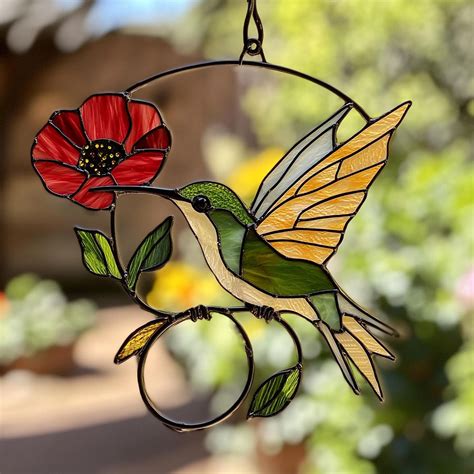 Digital Download Stained Glass Hummingbird And Poppy Pattern Festive