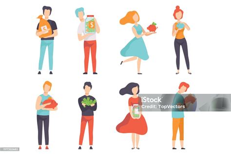 돼지 저금통 저축 항아리 및 돈 가방을 들고있는 사람들 저축 및 투자 돈 개념 벡터 그림 에 흰색 배경 사람들에 대한 스톡 벡터 아트 및 기타 이미지 Istock