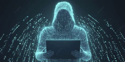 Digital Data Connection Figure Of Hooded Hacker Holding Up An Open Laptop Surrounded By Digital