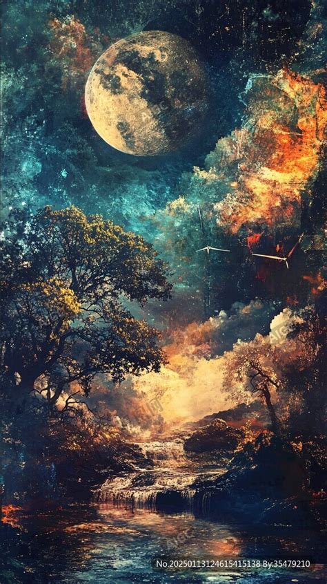 Ai创作图星月河幻想插画 月色夜色梦幻森林背景 梦幻夜晚立体画 月夜装饰画 星河梦境装饰画 意境图片星月山川挂图 玄幻意境画 月夜油画 意境油画图 抽象月光倒影画 梦幻夜景插画 意境风景画插画