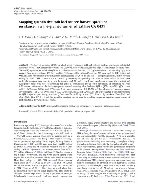 Pdf Mapping Quantitative Trait Loci For Pre Harvest Sprouting Resistance In White Grained