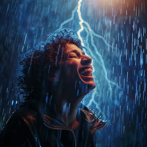 Laughing In The Storm Joyful Portrait With Lightning Premium Ai