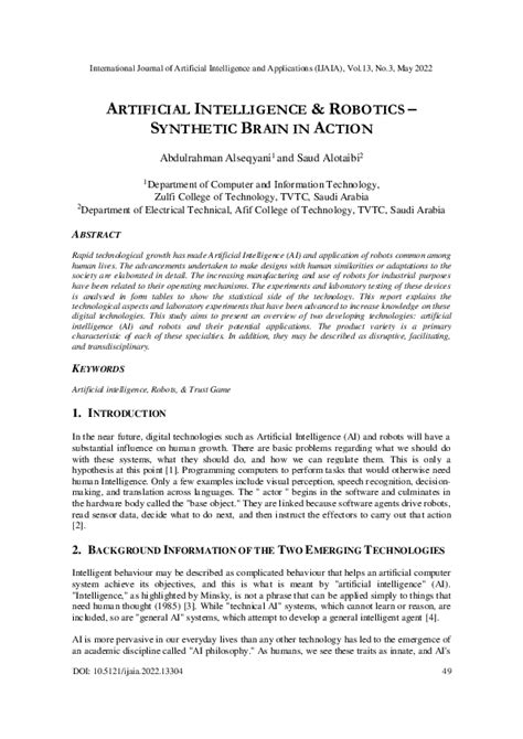 pdf artificial intelligence and robotics synthetic brain in action