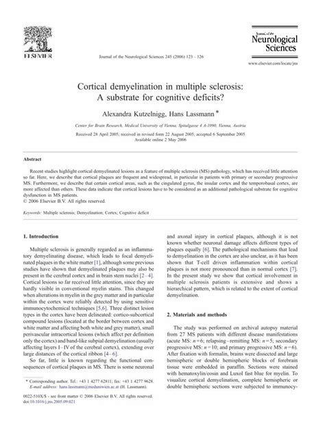 Pdf Cortical Demyelination In Multiple Sclerosis A Substrate For