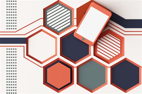 기술 개념 오렌지와 블루 색상의 기하학적 모양 플랫폼의 추상 적 구성스마트 폰 3d 렌더링 0명에 대한 스톡 사진 및 기타