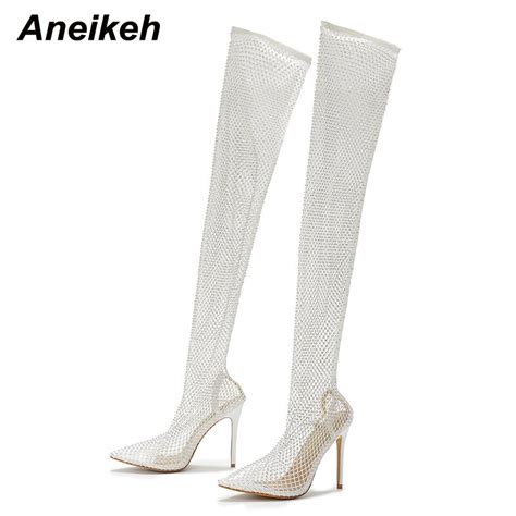 Jual Aneikeh Sexy Bling Rhinestone Mesh Shoes Over The Knee Boots Women