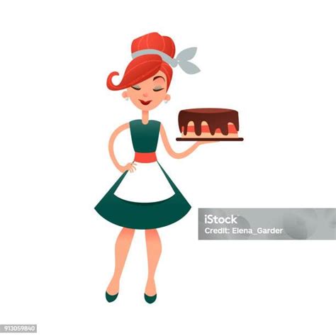 케이크와 함께 재미 있는 만화 주부입니다 베이커리 제품과 함께 행복 벡터 주부입니다 오래 된 레트로 스타일에서 아름 다운 여자입니다 젊은 아가씨 베이킹 파이 여자에 대한