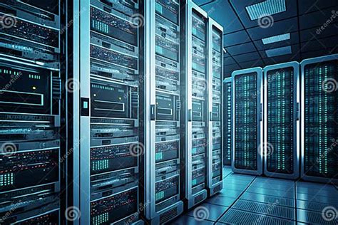 Shot Of Data Center With Multiple Rows Of Fully Operational Server